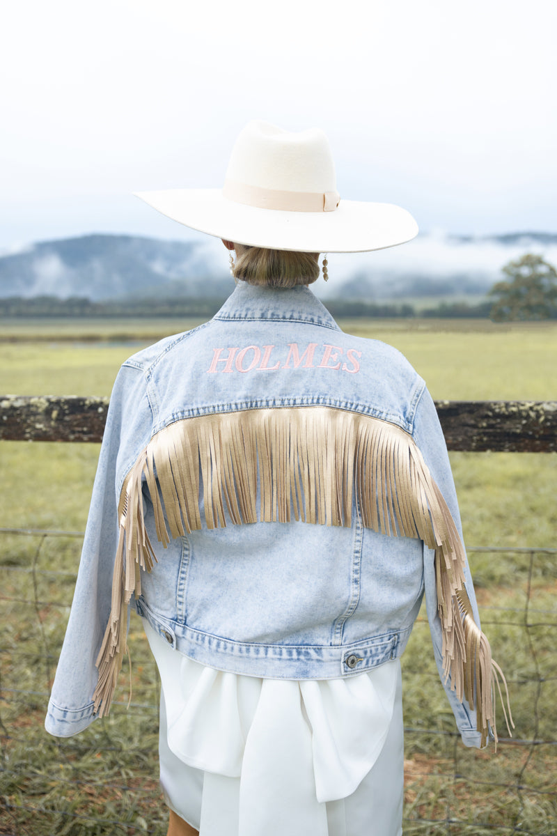 Beth Gold Fringe Denim Jacket | Personalised Bridal Denim Jacket – Miss ...