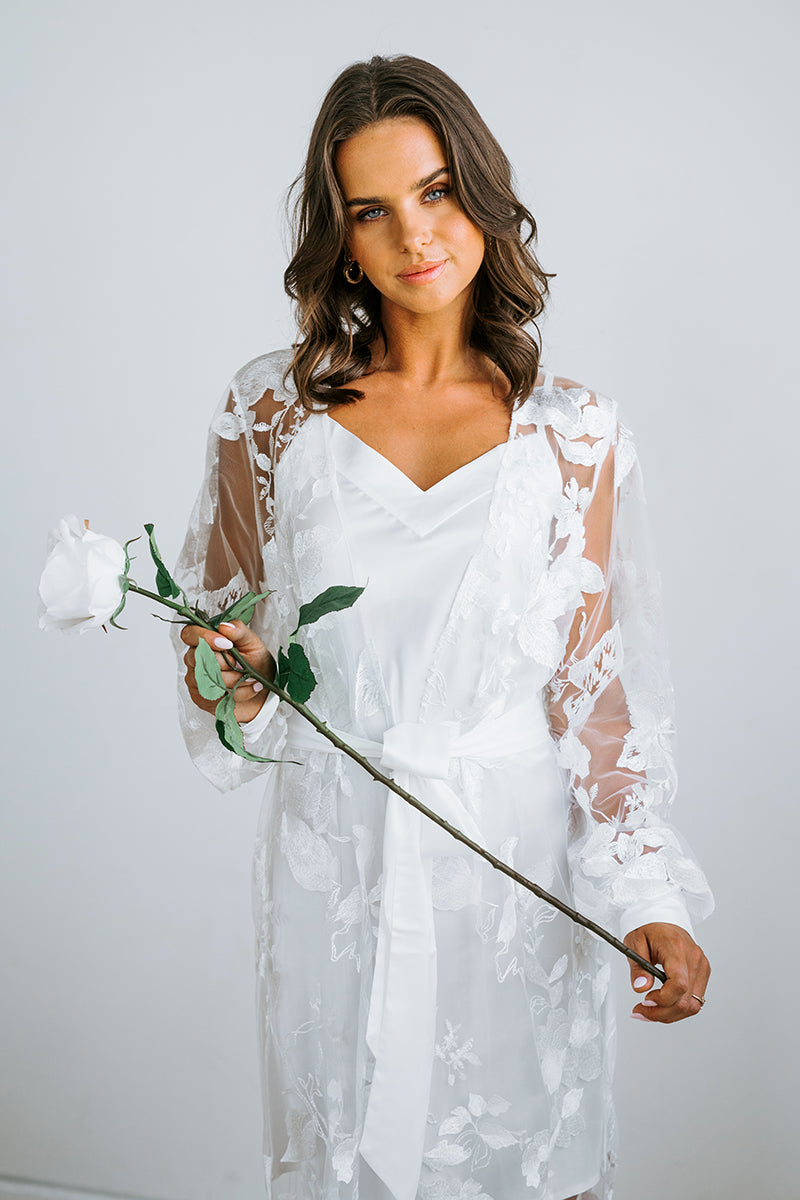 Alex Floral Lace Maxi Robe | Bridesmaid Robes | Lace Trim Robe | White ...