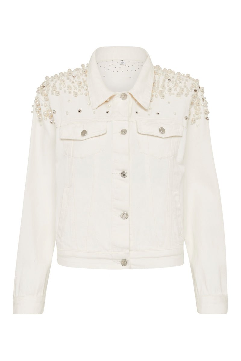 White Customised Pearl Denim Jacket | Miss Poppy Design