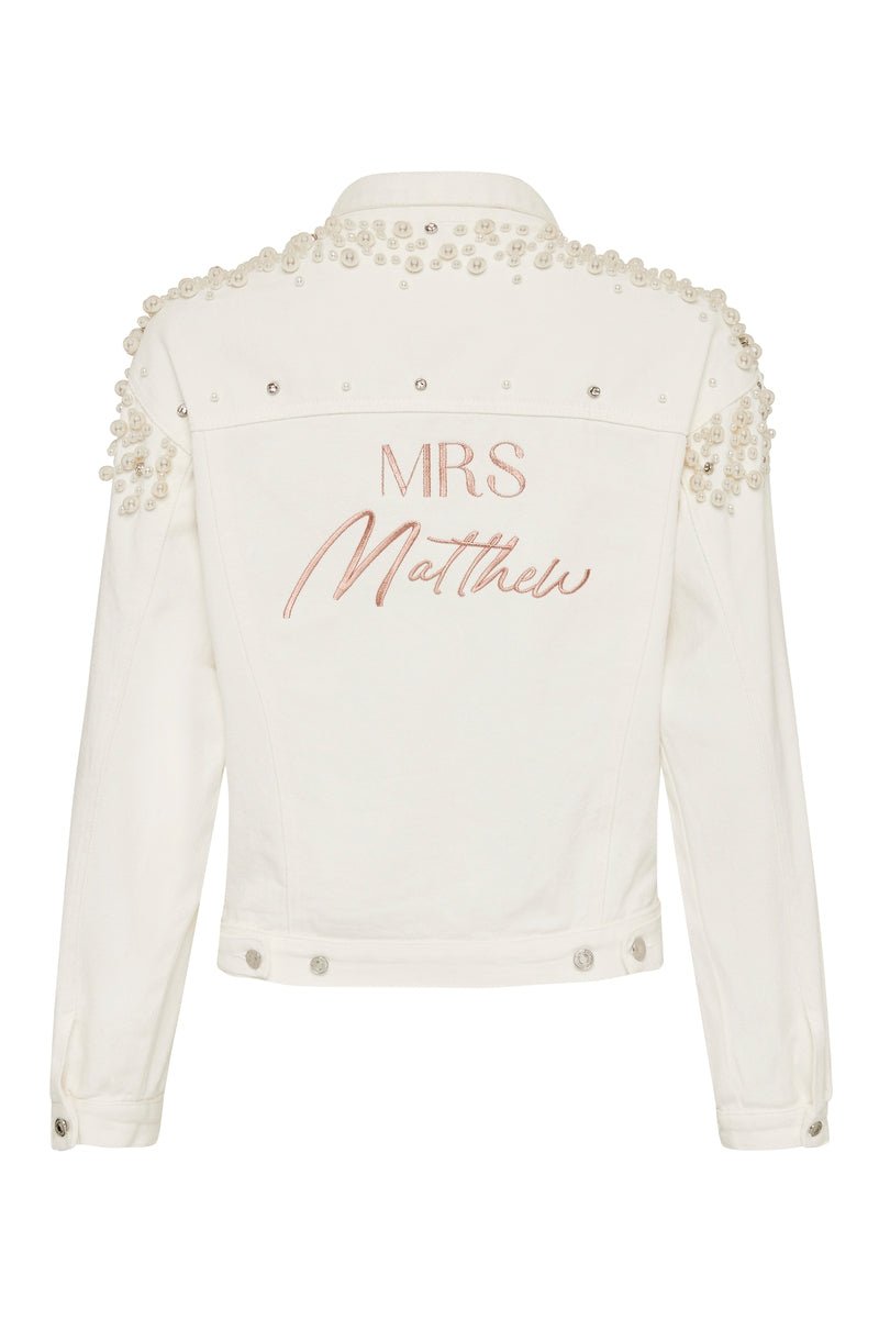 White Customised Pearl Denim Jacket | Miss Poppy Design